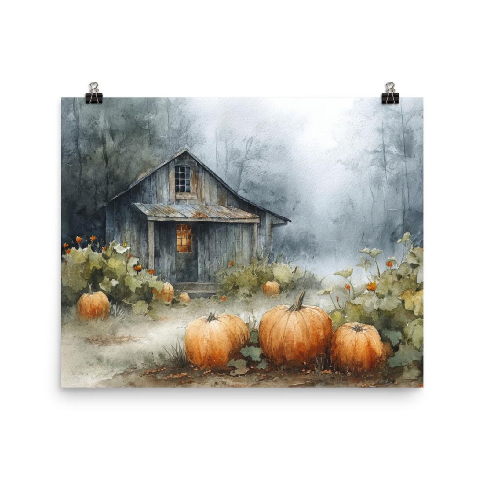 Pumpkin Patch Watercolor Art Print: Rustic Cabin Autumn Landscape - Etsy
