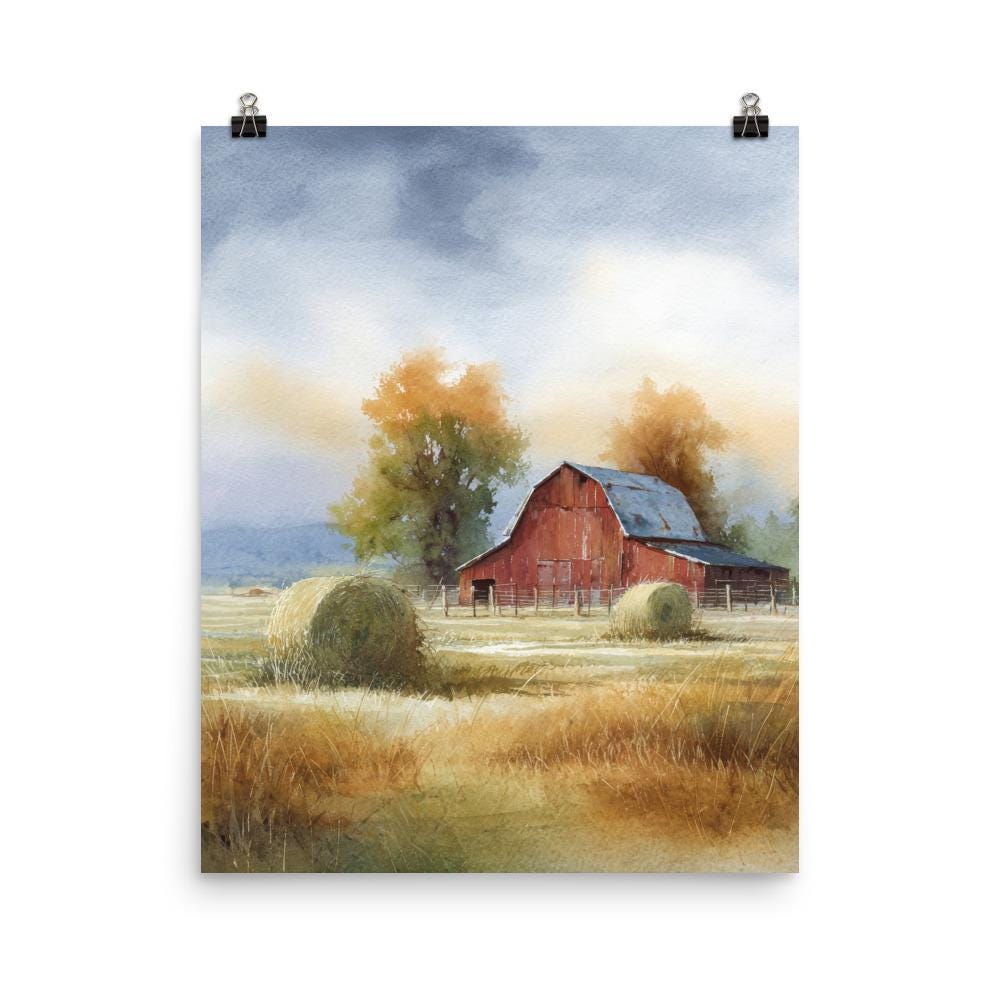 Red Barn Watercolor Art Print: Fall Farm Landscape - Etsy