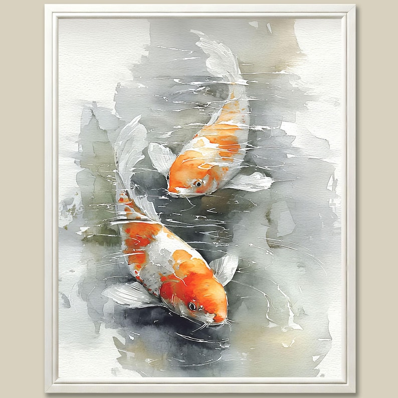 Koi Fish Art Print Pond Watercolor Painting Neutral Minimalist Wall Art ...