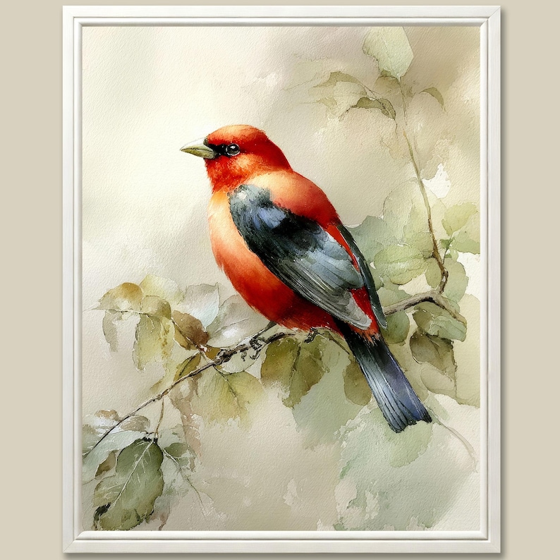 Scarlet Tanager Watercolor Art Print Red Bird on Branch Wall Art - Etsy