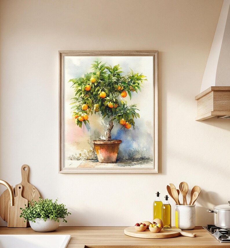 Orange Tree Art Print Potted Citrus Watercolor Painting Mediterranean ...