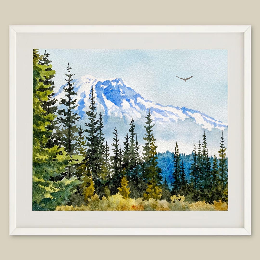 Mount Rainier Painting National Park Art Print Pine Forest Wall Art ...