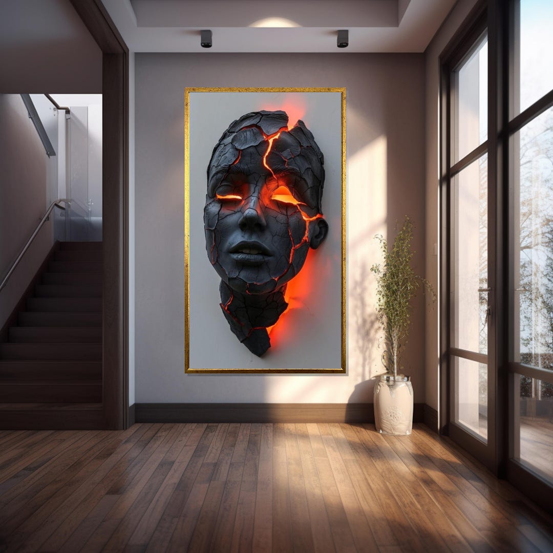 Cracked Lava Face, Eruptive Sculpture, Modern Wall Art, Illuminated ...