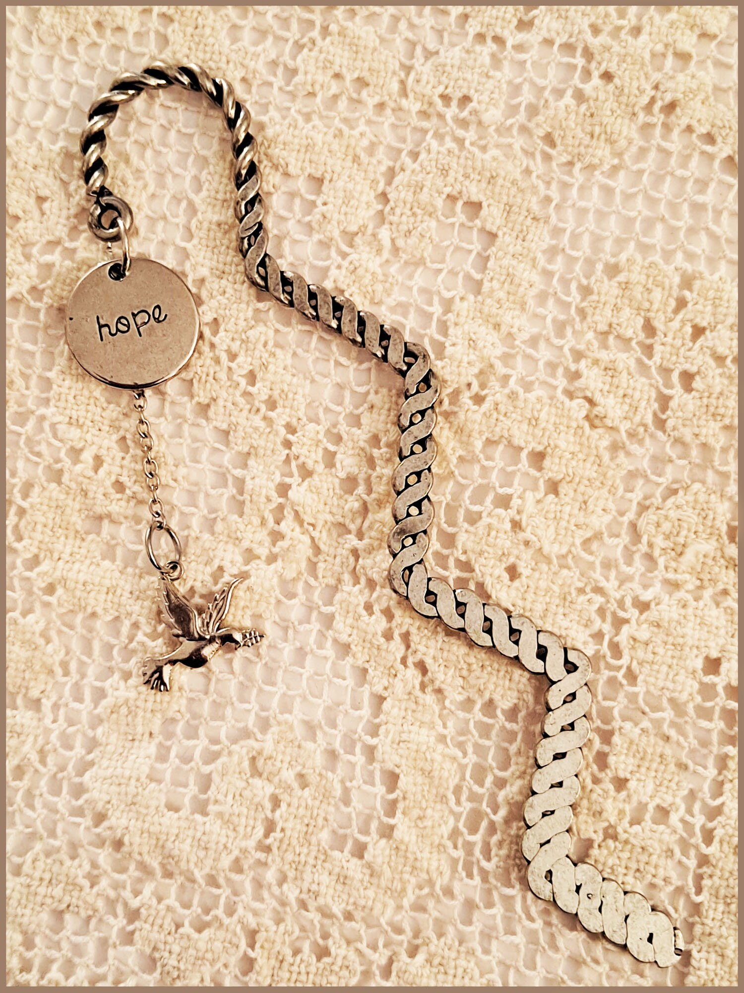Silver Finish Bookmark, Metal Chain Look, With Hope & Dove Charms
