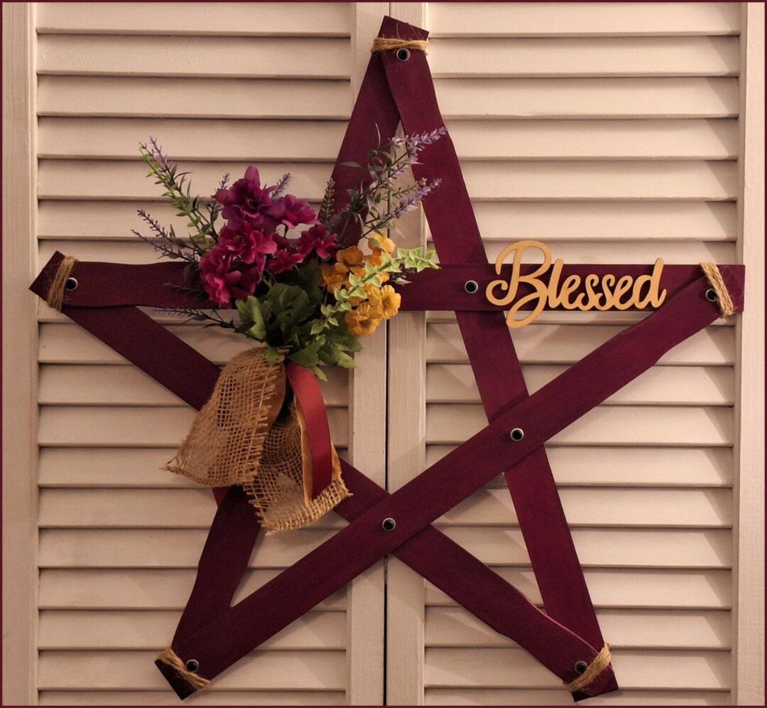 Wooden Country Rustic Paint Stick Star, Plum Berry, Floral Accents ...
