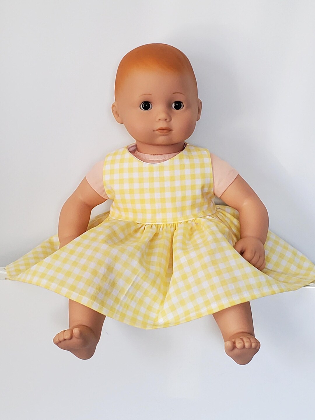15 INCH DOLL Dress Sunshine Yellow Gingham Easy to Dress Fits Bitty ...