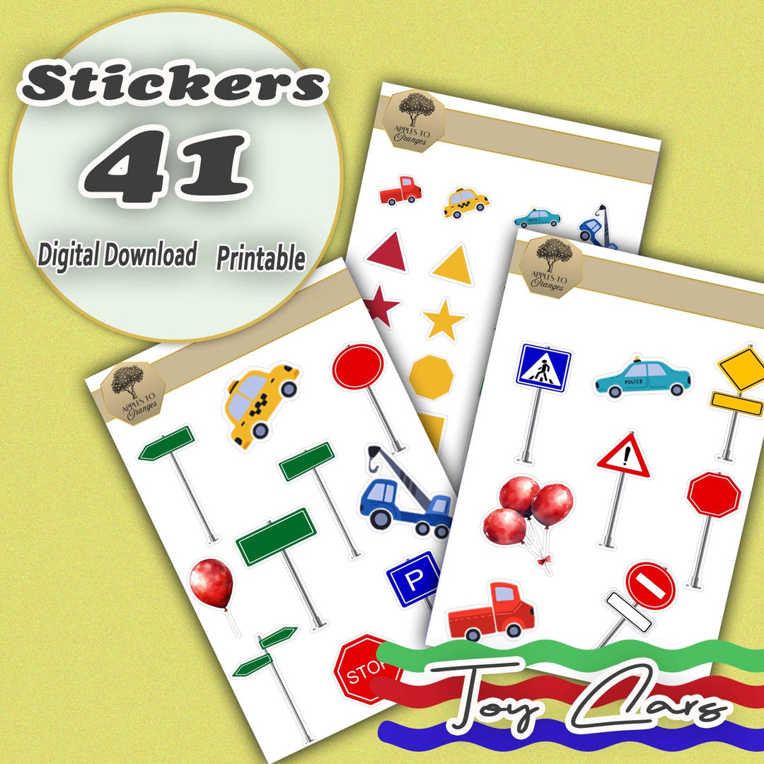 Toy Car - Digital Printable Sticker Set - 41 Stickers: 1" - 2 1/2" in ...
