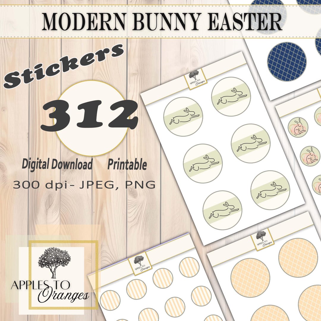 Modern Bunny Easter - Digital Printable Sticker Set - Stickers: 1" - 2 ...