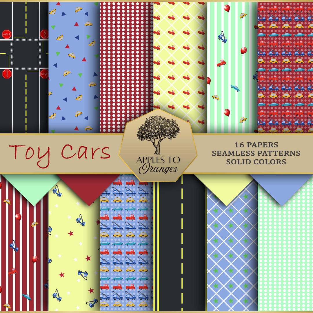 Toy Cars - Digital Paper Set - 16 Papers: Repeating Pattern and Solid ...