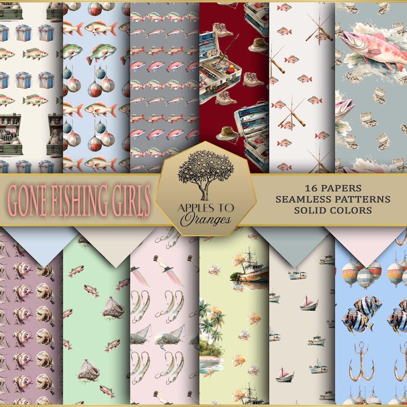 Gone Fishing Girls - Digital Paper Set - 16 Papers: Repeating Pattern ...
