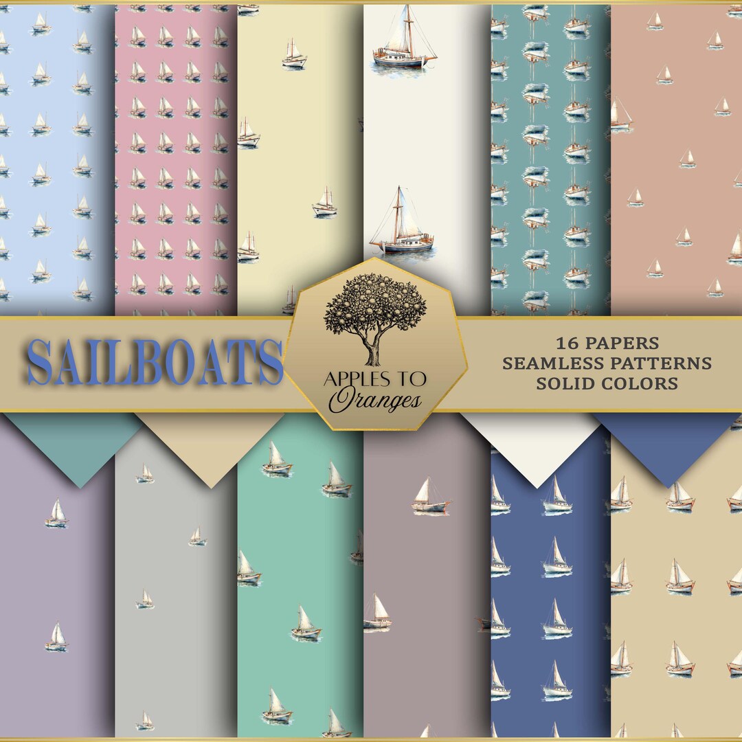 Sailboats - Digital Paper Set - 16 Papers: Repeating Pattern and Solid ...