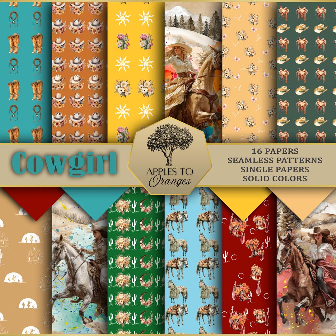 Cowgirl - Digital Paper Set - 16 Papers: Repeating Pattern, Single ...