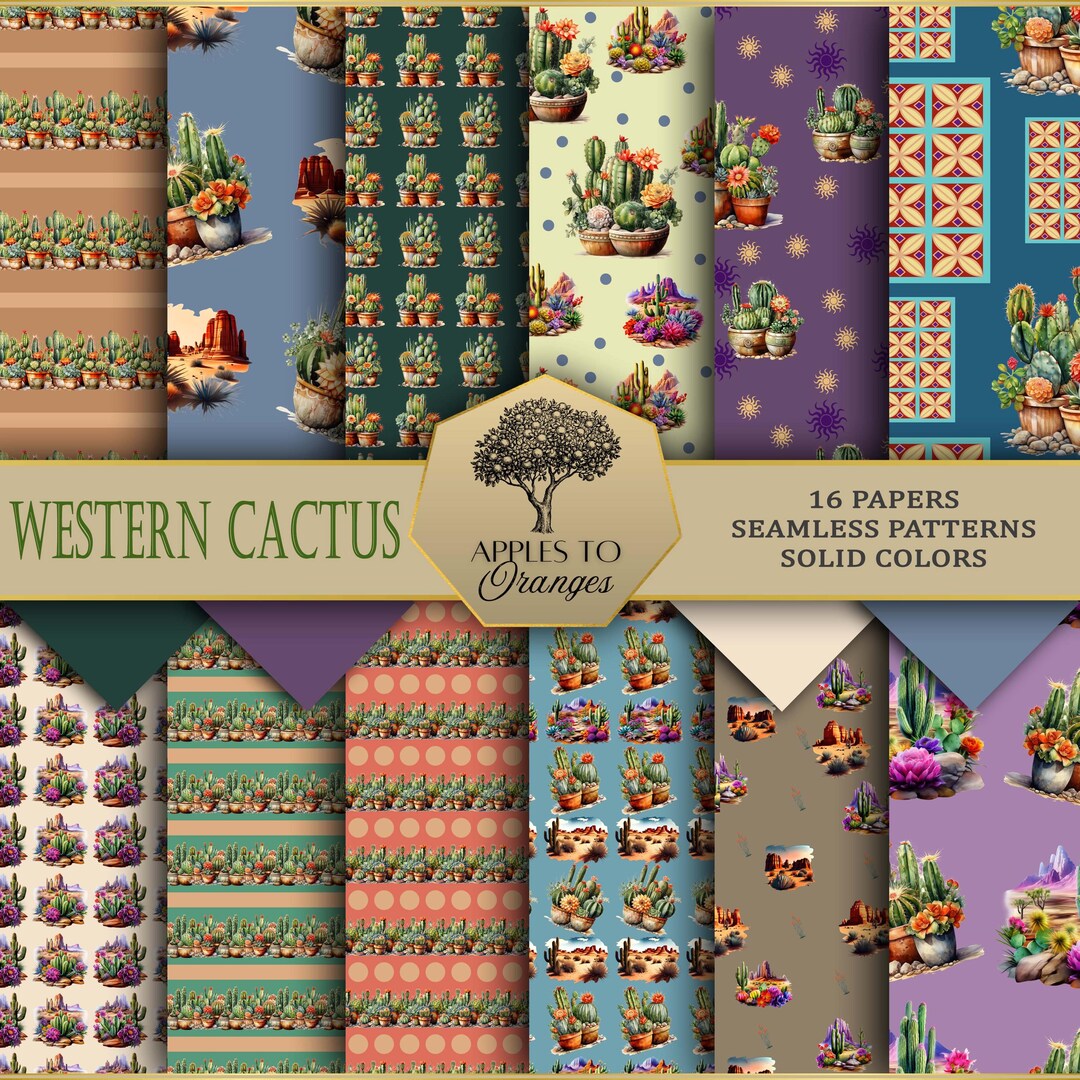 Western Cactus - Digital Paper Set - 16 Papers: Repeating Pattern and ...