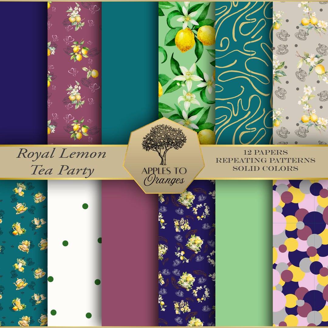 Royal Lemon Tea Party - Digital Paper Set - 12 Papers: Repeating ...