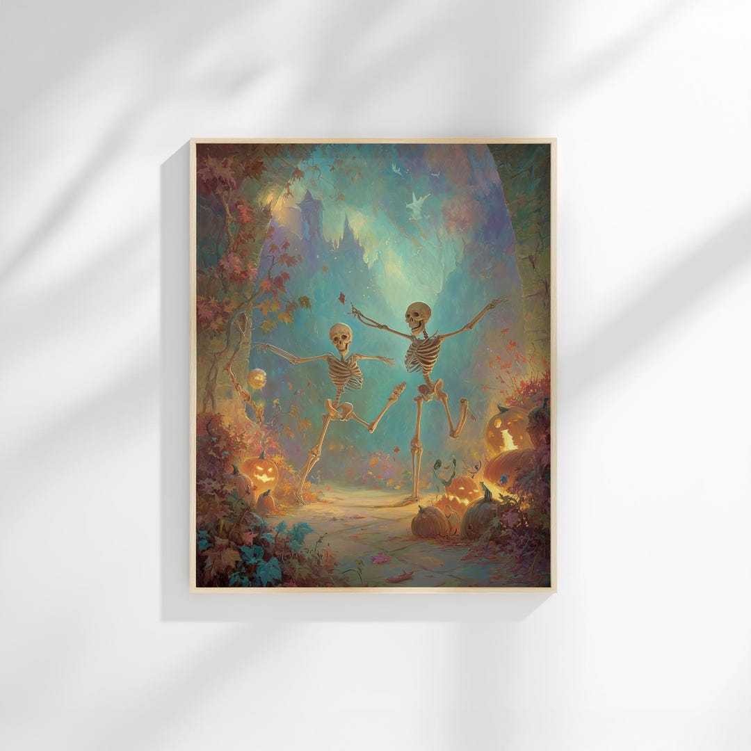 Dancing Skeletons Halloween Art Print | Joyful Spooky Cute Fall Wall ...