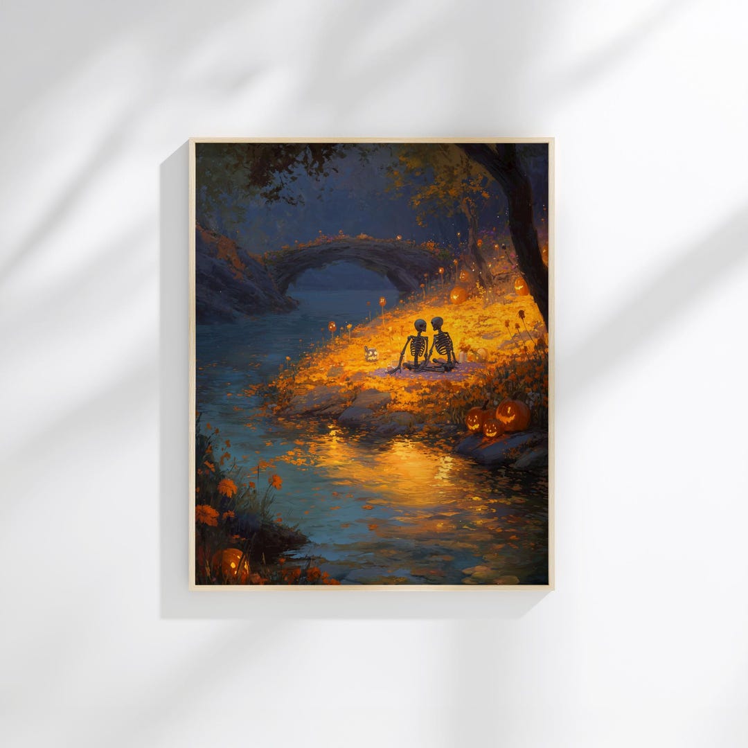 Skeleton Picnic Halloween Art Print | Cozy Gothic Fall Wall Decor ...