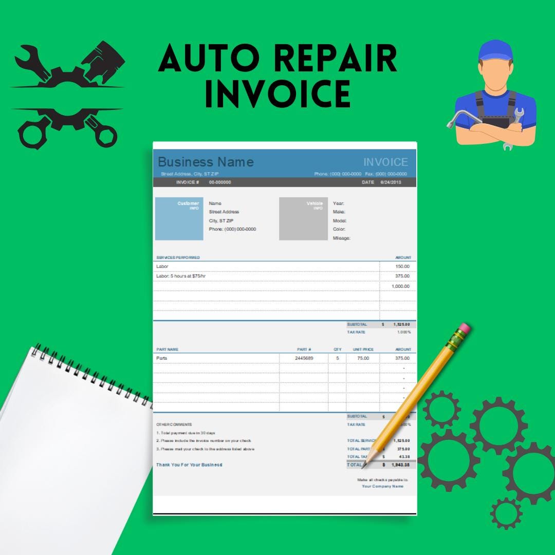 Auto Repair Invoice Template | Editable & Printable Mechanic Work Order ...