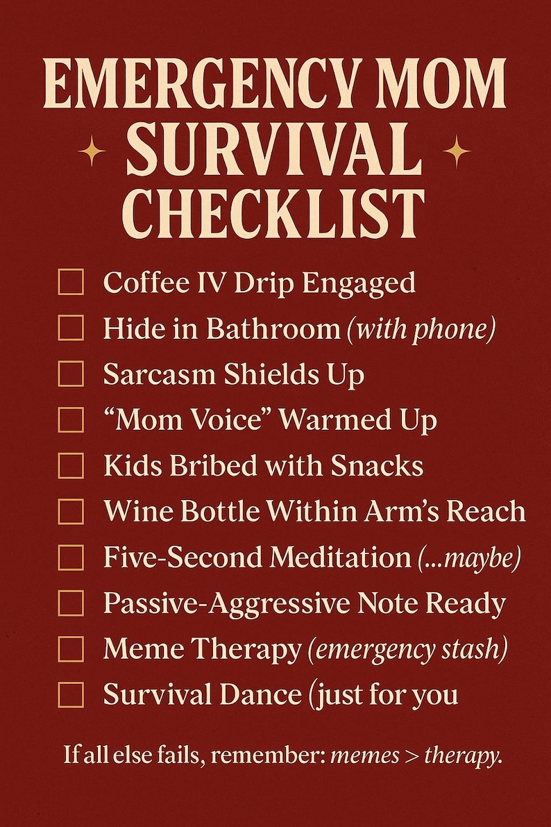 Funny Mom Survival Checklist Printable: Sassy Humor Wall Art (digital ...
