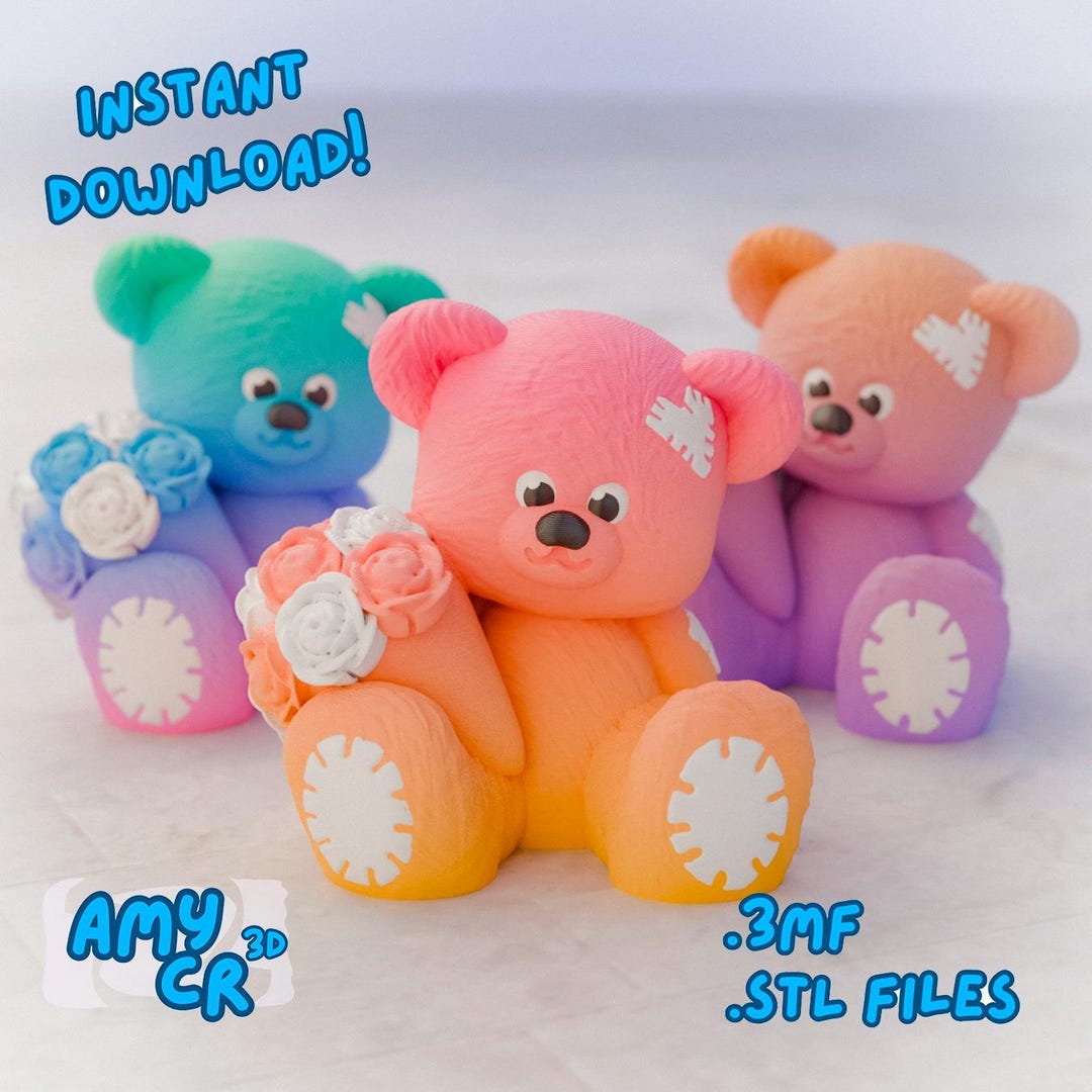 3D Printable Valentines Teddy Bear With Roses Bouquet Figure STL & 3MF ...