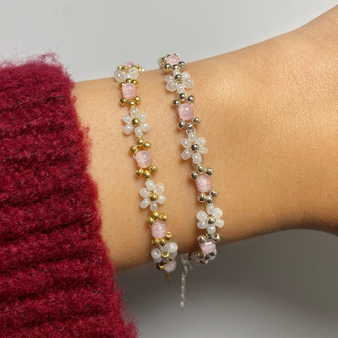 Pink Beaded Flower Bracelet, Daisy Bracelet, Handmade Bracelet, Flower ...