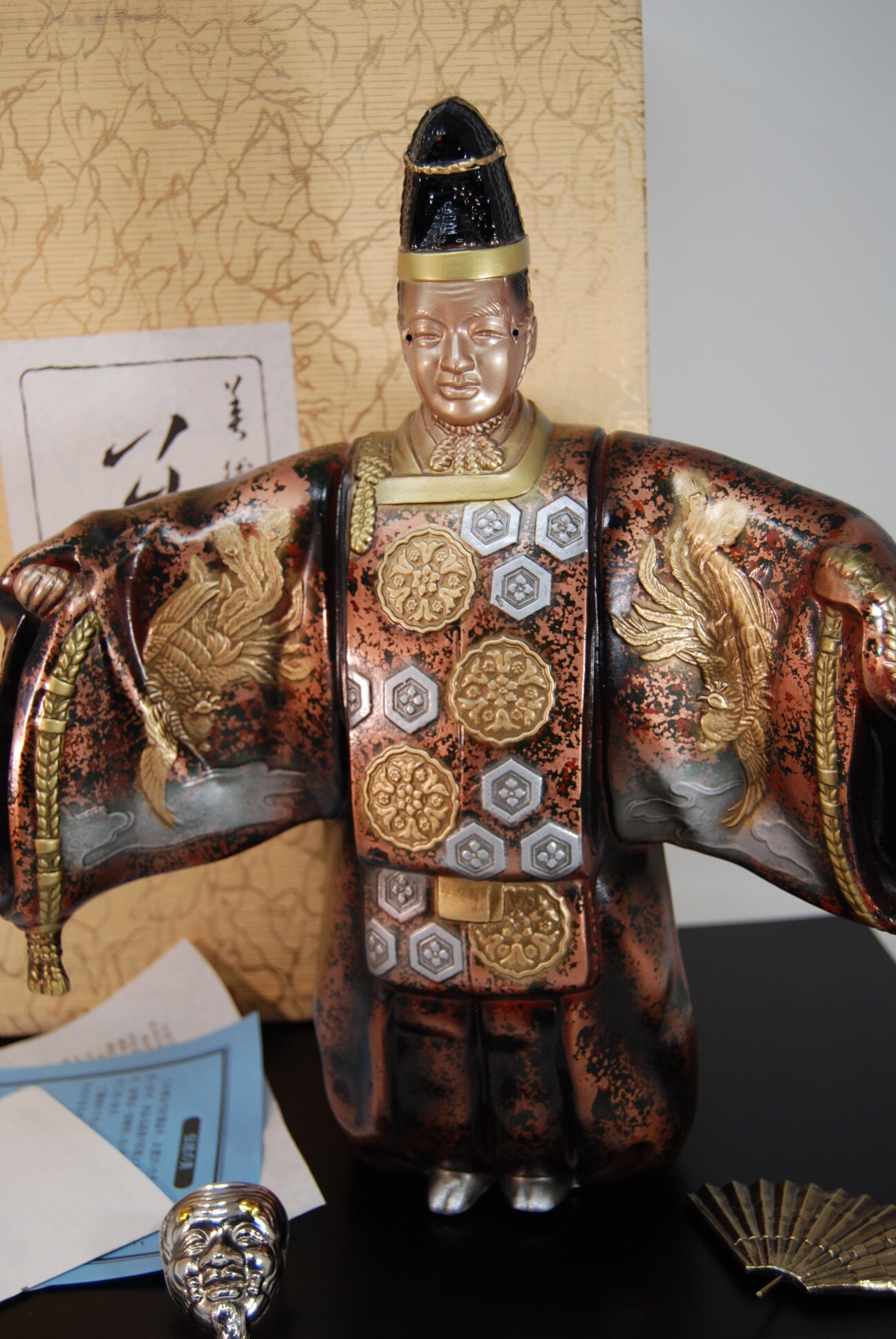 Vintage Japanese Okina Noh Doll Theater Showa Mask Fan Mixed Metals