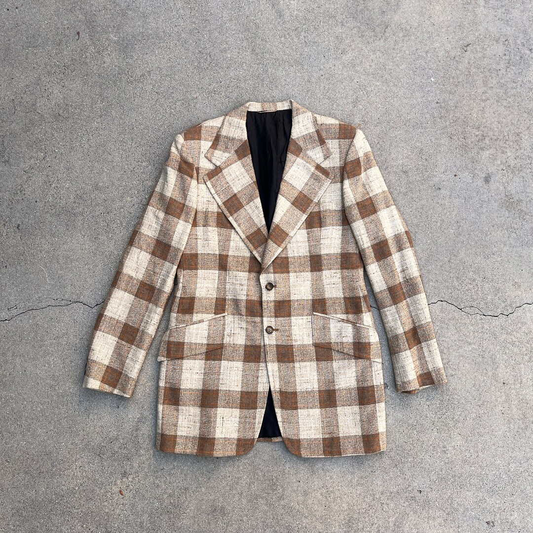 Vintage 60s 70s Brown and Beige Tweed Plaid Jacket Blazer Sports Coat ...