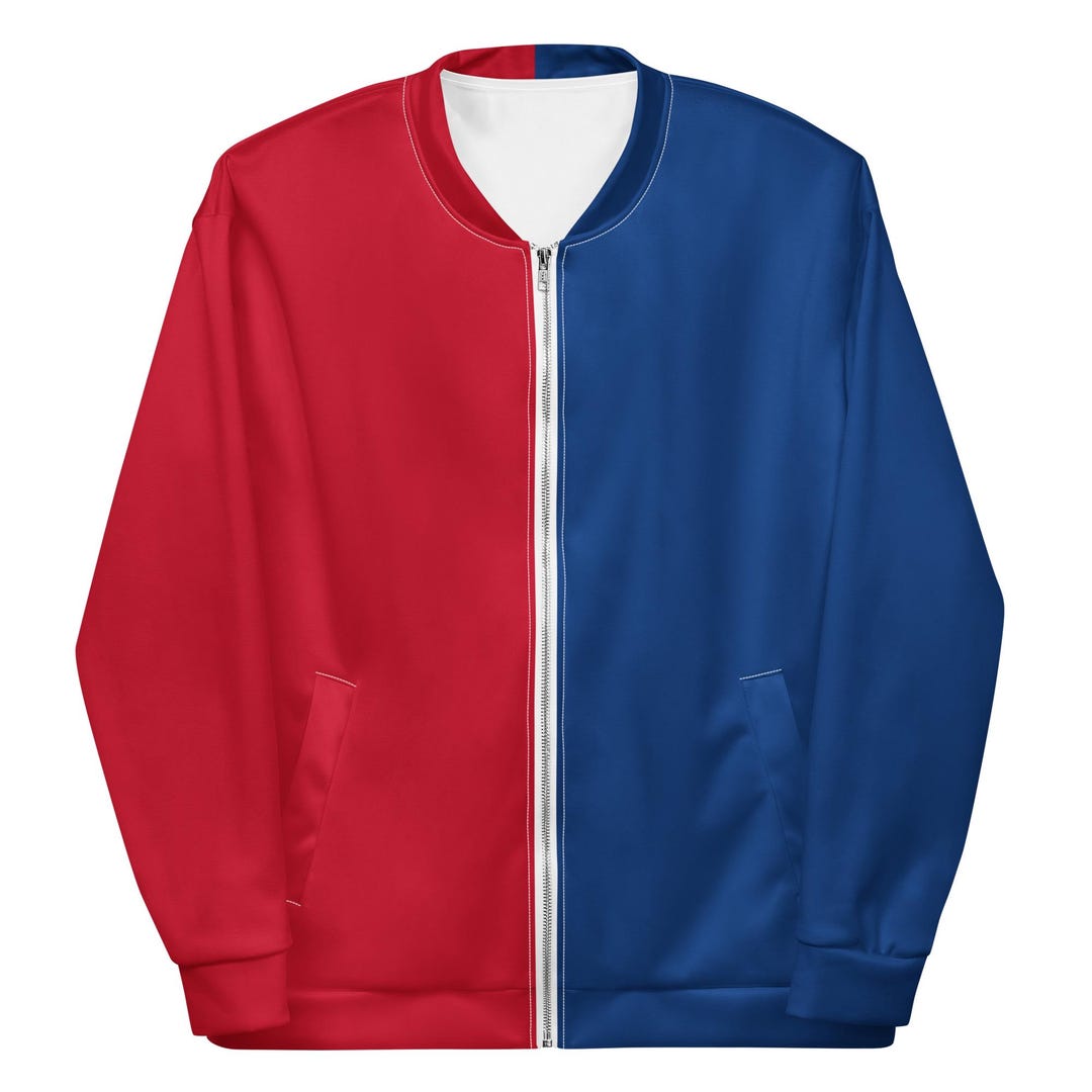 Split Color Unisex Bomber Jacket | Red & Blue Harlequin Style Outerwear ...