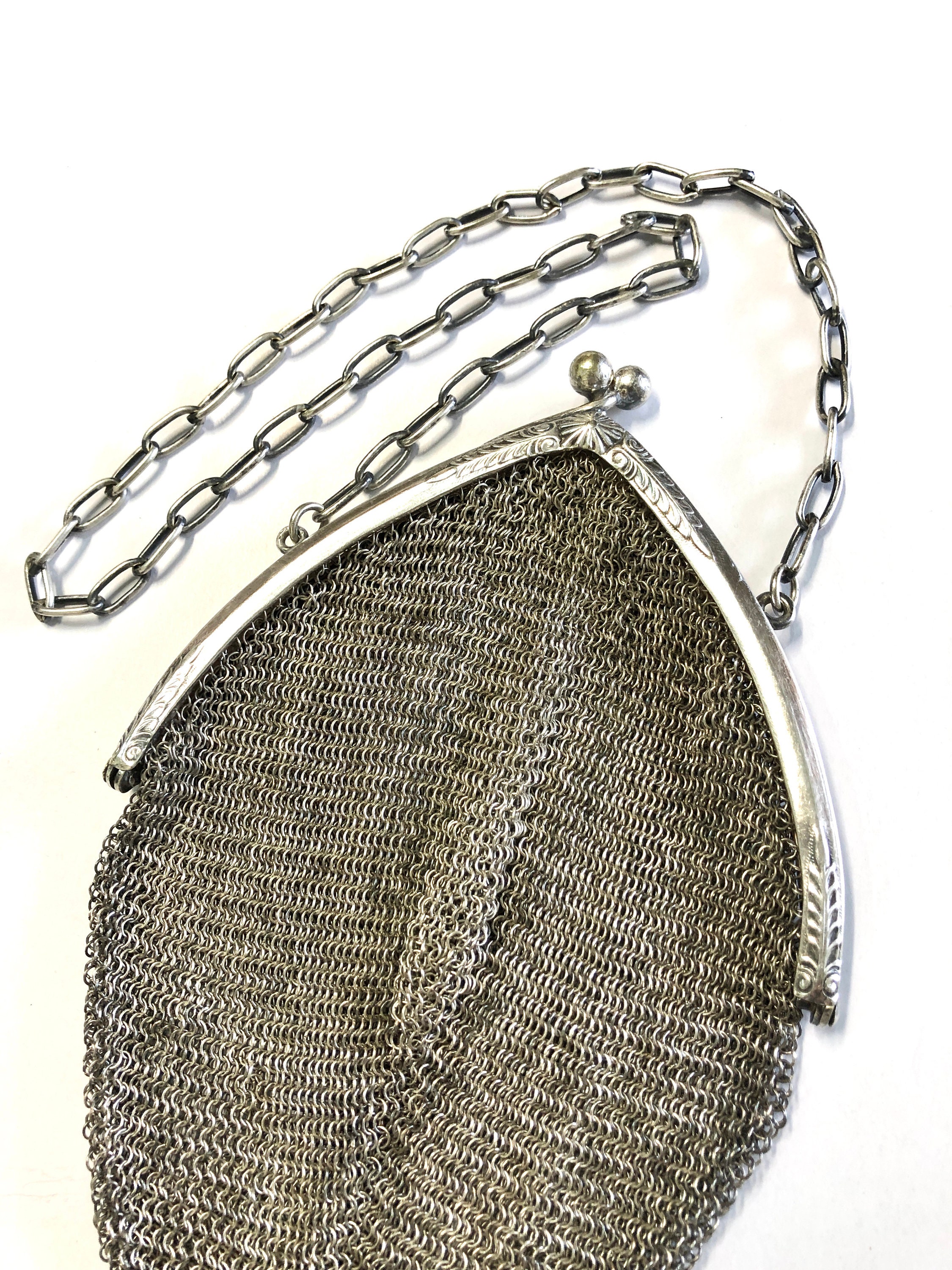Antique 1800s Silver Mesh Chatelaine Purse Alpacca Engraved German ...