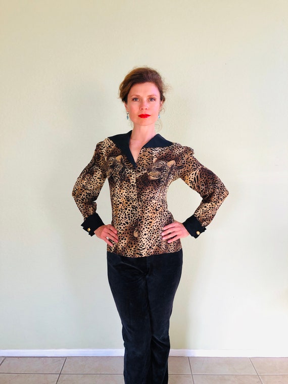 1980s Silk Blouse Leopard Print Lillie Rubin Brown Bl… - Gem
