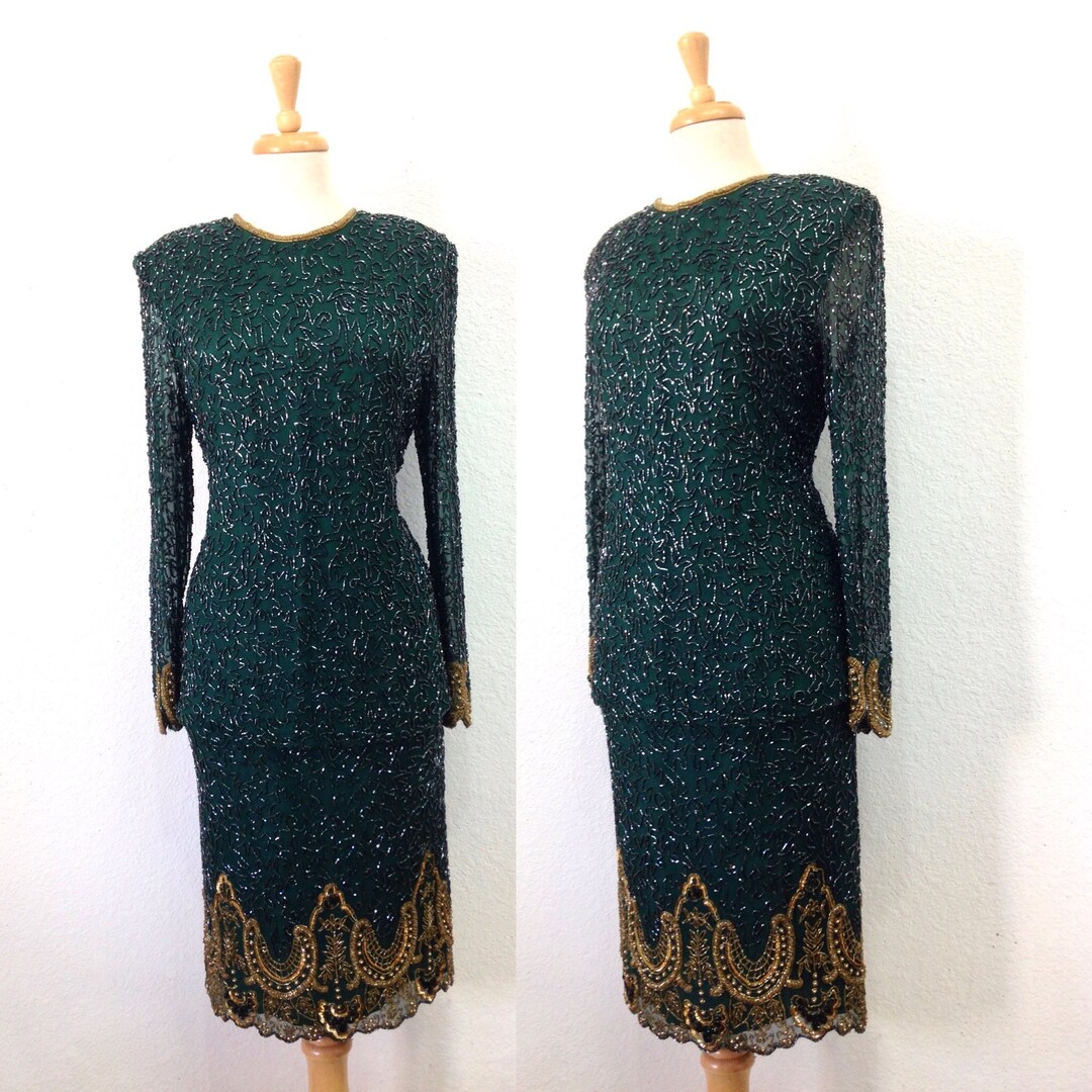 1980s Emerald Gold Beaded Sequin Dress Brilliante J.A. Flapper Cocktail ...