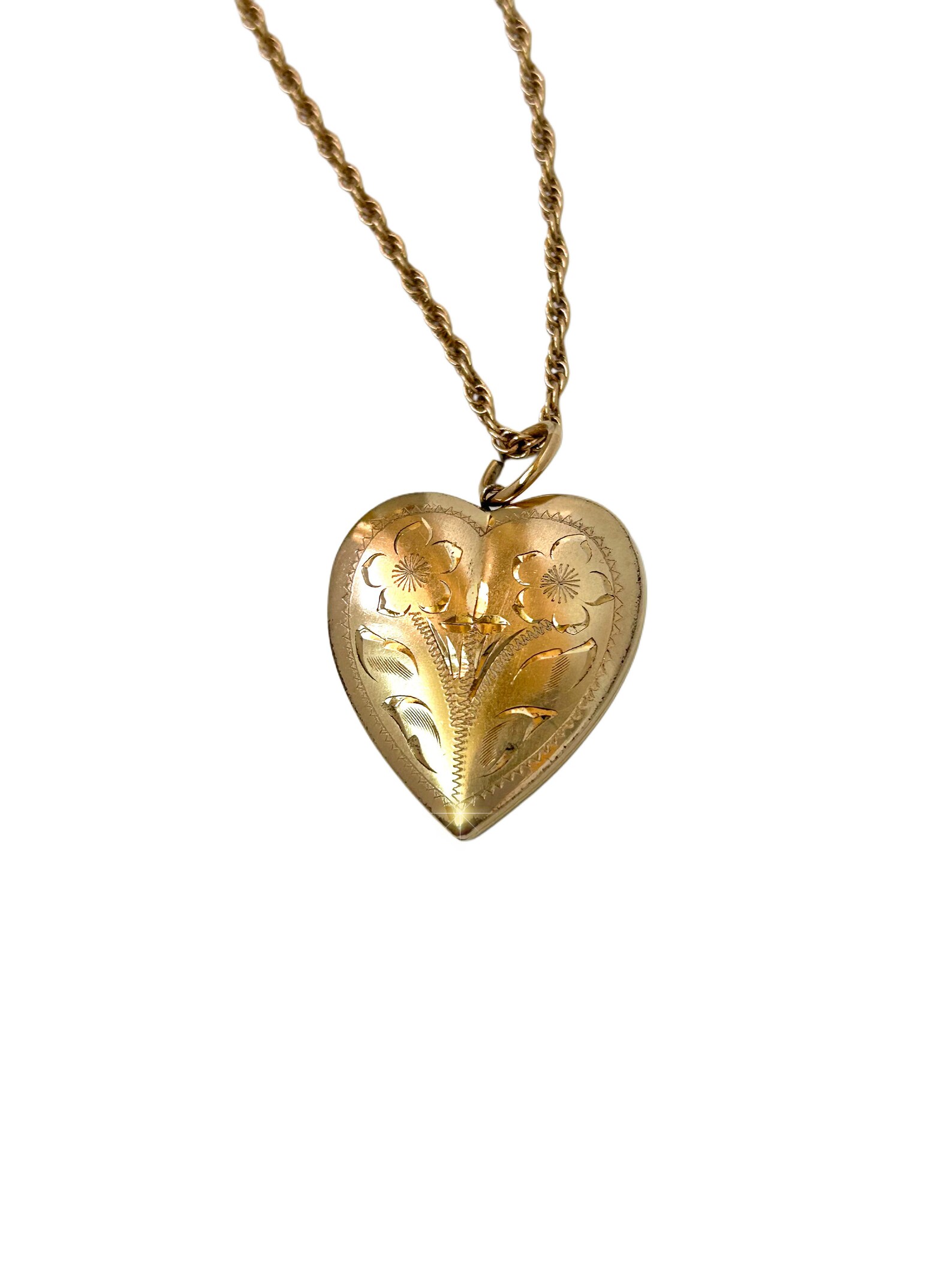 Vintage 1950s Heart Locket 14K Gold Filled Hand Engraved Flower Etched ...