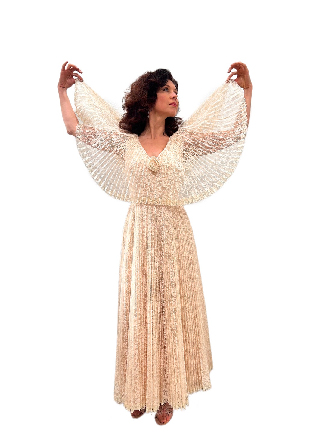 Fabulous 1960s Lace Dress Champagne Accordion Pleated Cape Wedding Gown ...
