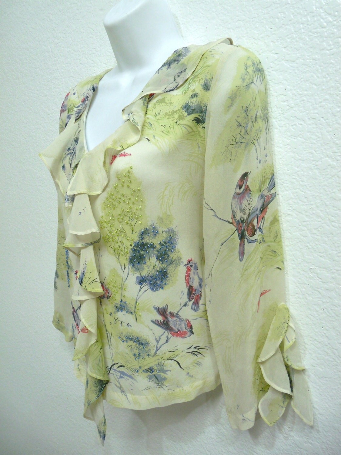 Vintage Silk Blouse Bird Print Ruffle Front Beaded Blouse V- Neck ...