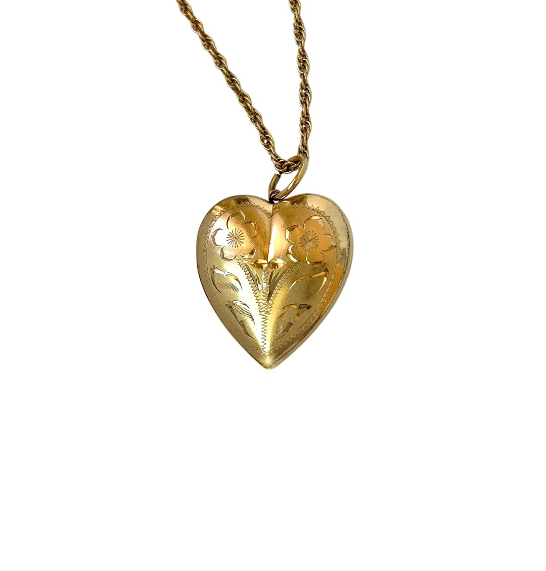 Vintage 1950s Heart Locket 14K Gold Filled Hand Engraved Flower Etched ...
