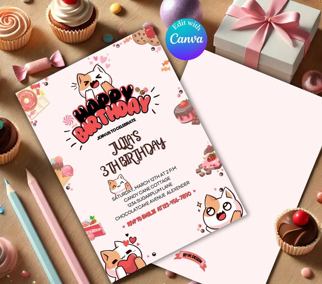 Kawaii Cat Birthday Invitation, Canva Template - Etsy