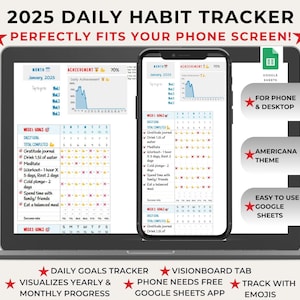 Habit Tracker 2025 Daily Goal Tracker Spreadsheet Google Sheets Phone ...