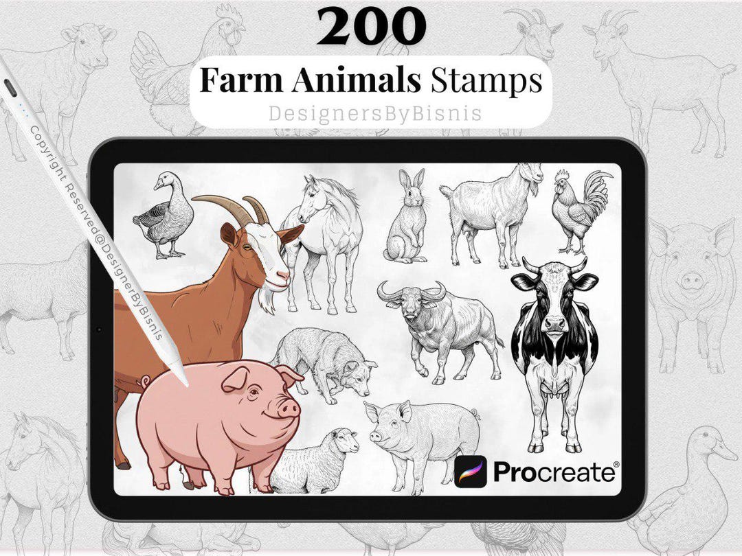 Farm Animal Stamps for Procreate – 200 Rural Livestock Line Art Brushes ...
