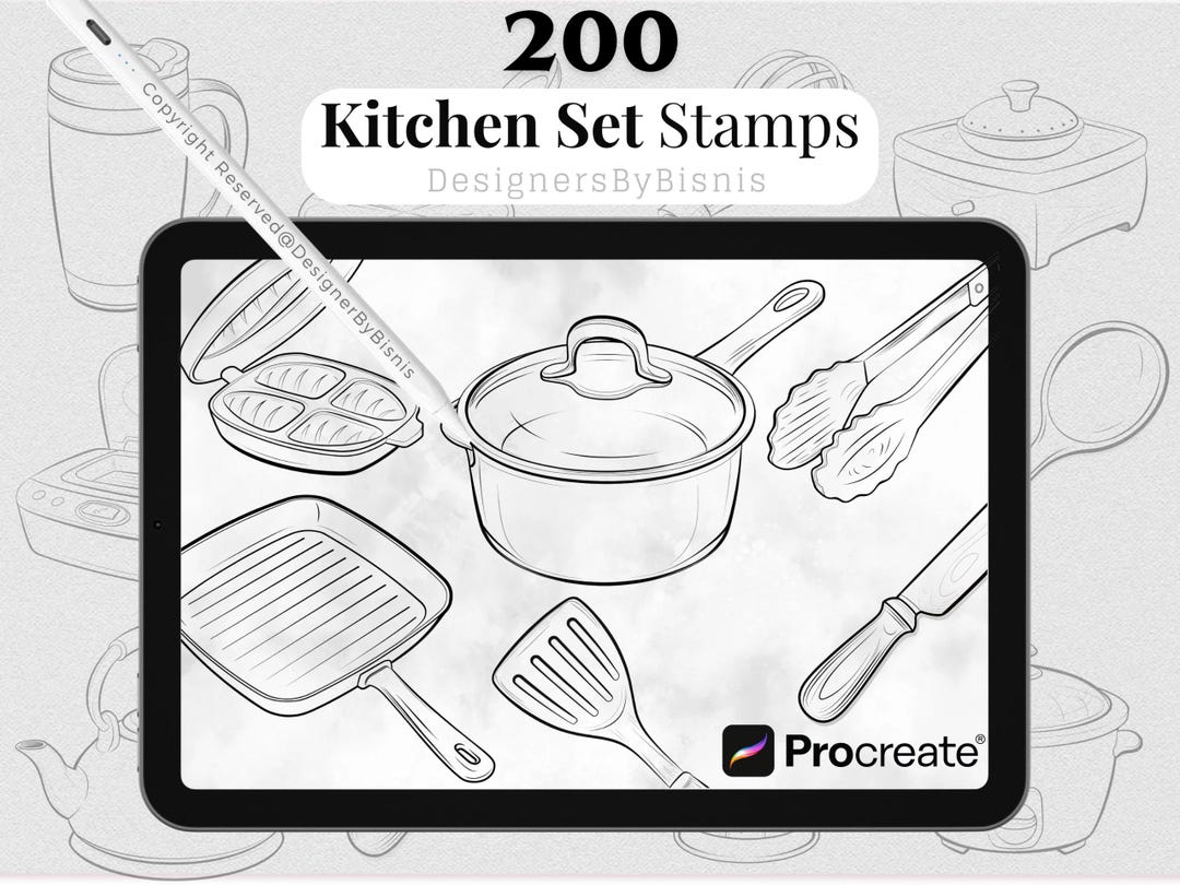 200 Kitchen Utensil Procreate Brushes: Cooking Stamps, Food Clipart ...