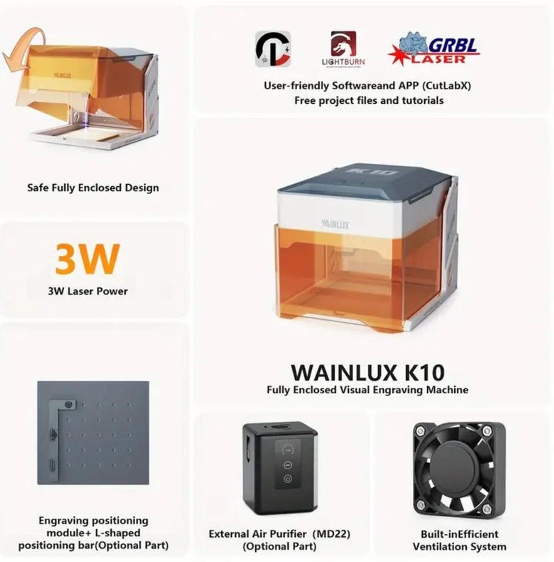 WAINLUX K10 Laser Engraving Machine, 3W Laser Engraver, Wifi Connection ...