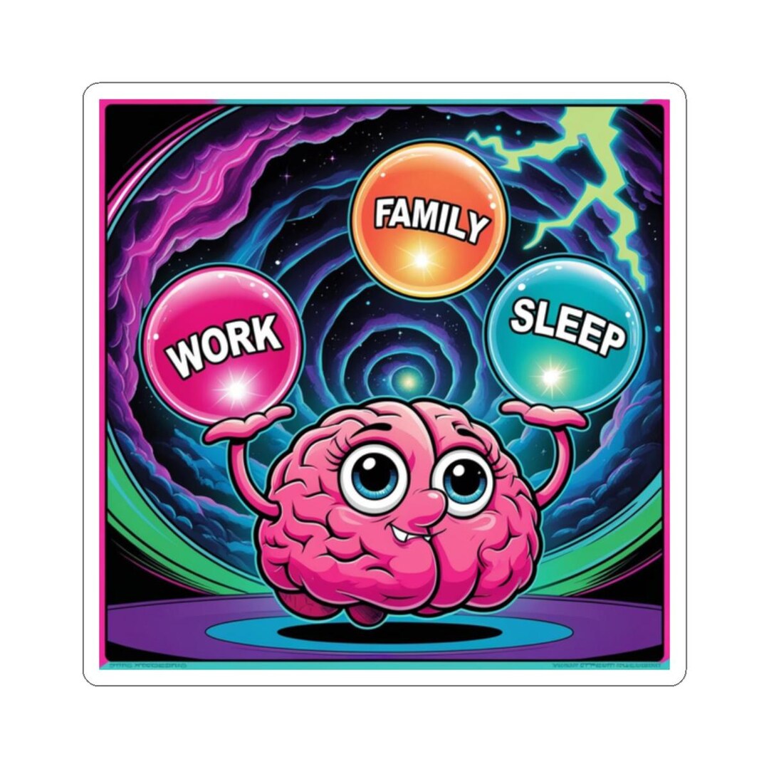 Cartoon Brain Juggling Family, Work, and Sleep Colorful Illustration ...