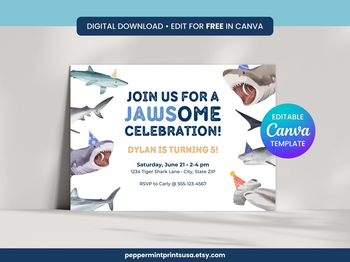 Sharks Birthday Party Invitation for Any Age Boy Birthday Editable ...