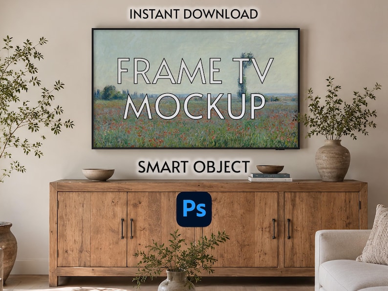 Samsung Frame TV Mockup | Rustic Organic Living Room, Wood Sideboard ...
