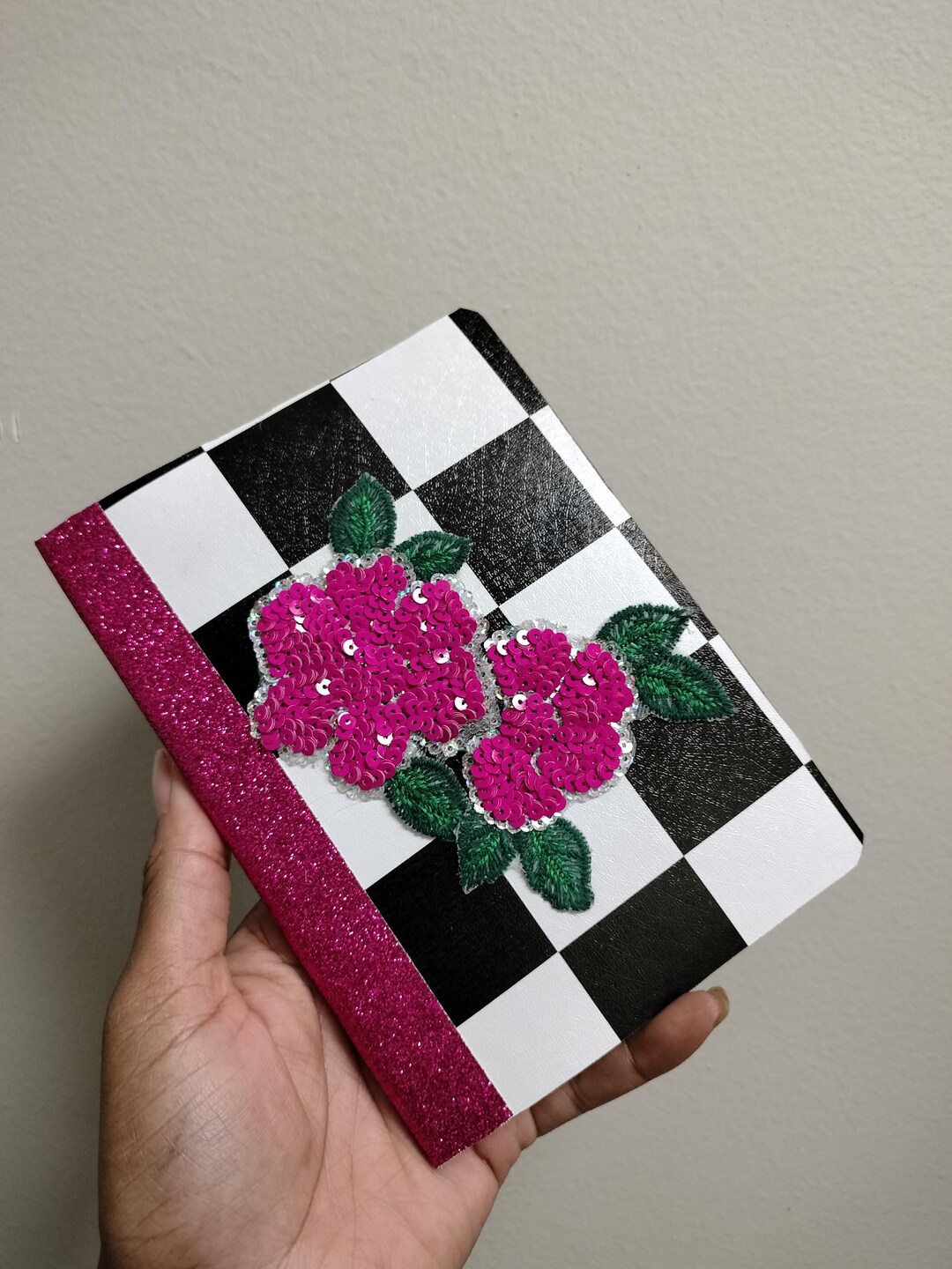 Black and White Checkered Glitter and Sequin Embroidery Patch Notebook ...