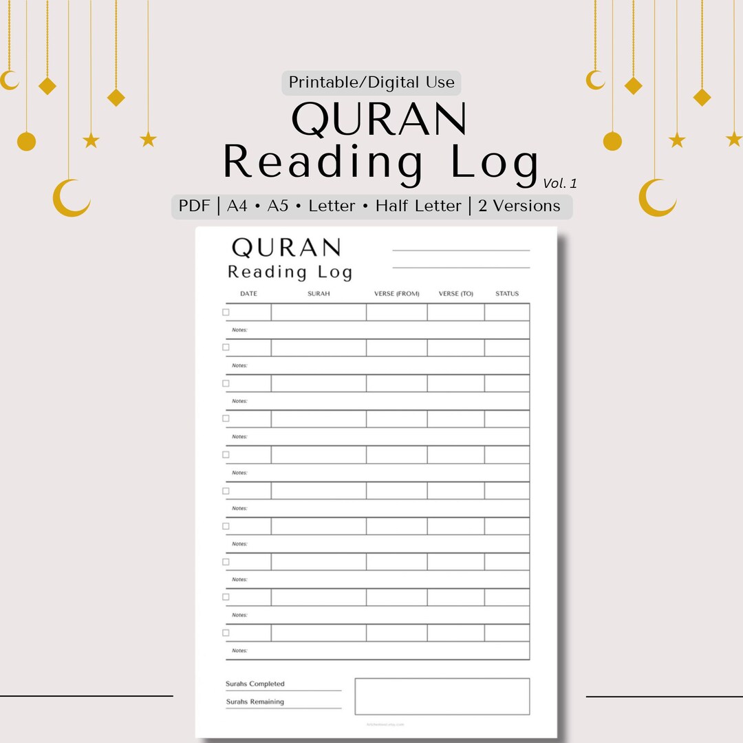 Quran Reading Log Template, PDF in A4 A5 Letter Half Letter, Ramadan ...