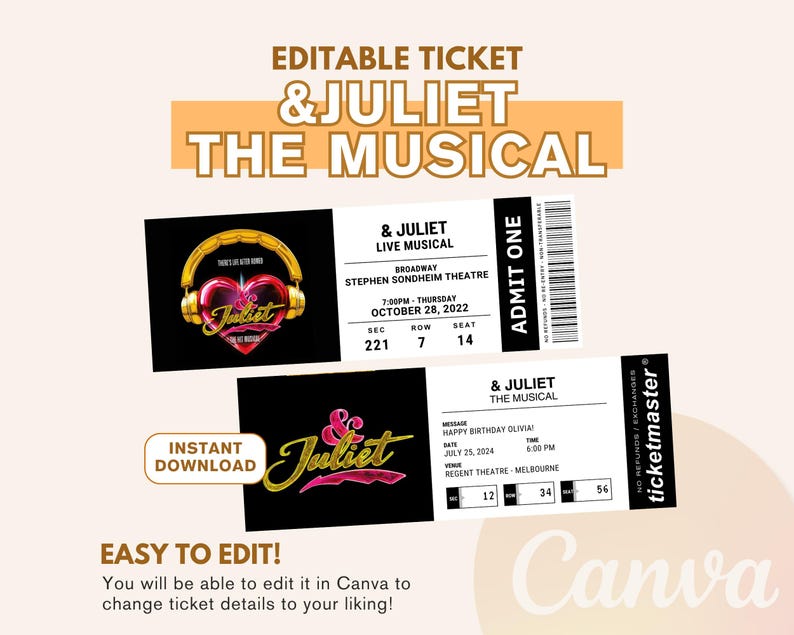 Editable juliet Ticket Juliet Broadway Musical Ticket 2024