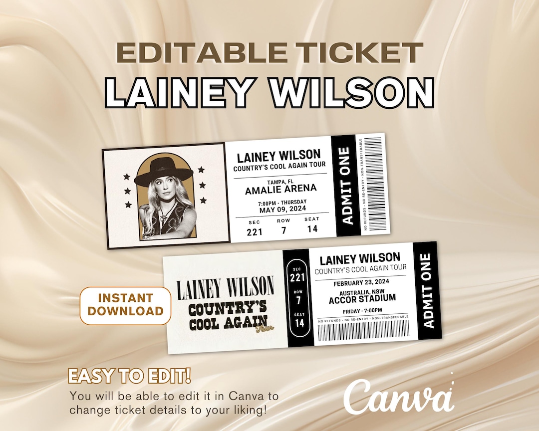 Lainey Wilson Editable Concert Ticket, Country's Cool Again Tour 2024 ...