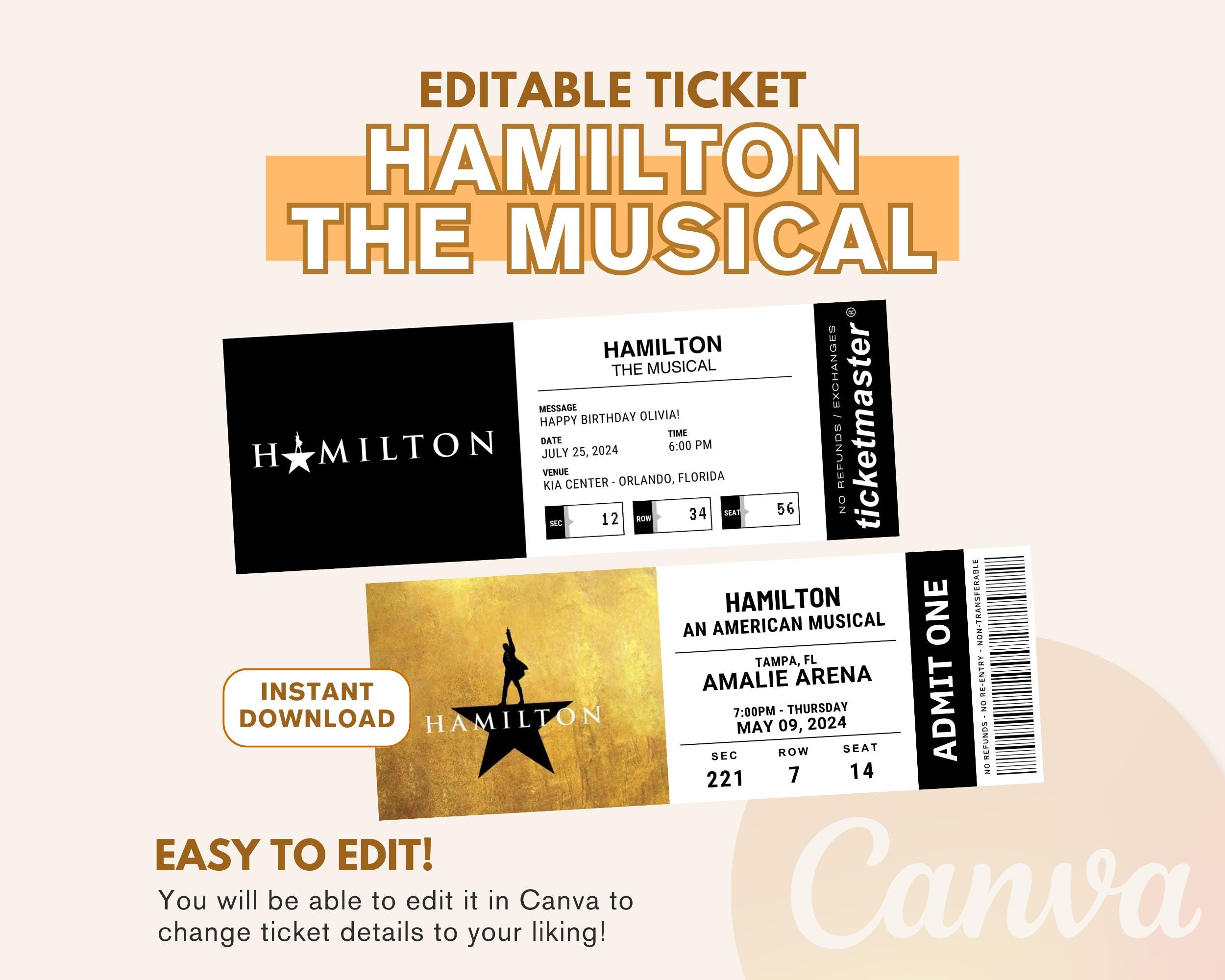 Editable Hamilton Ticket, Hamilton Broadway Musical Ticket 2024 ...