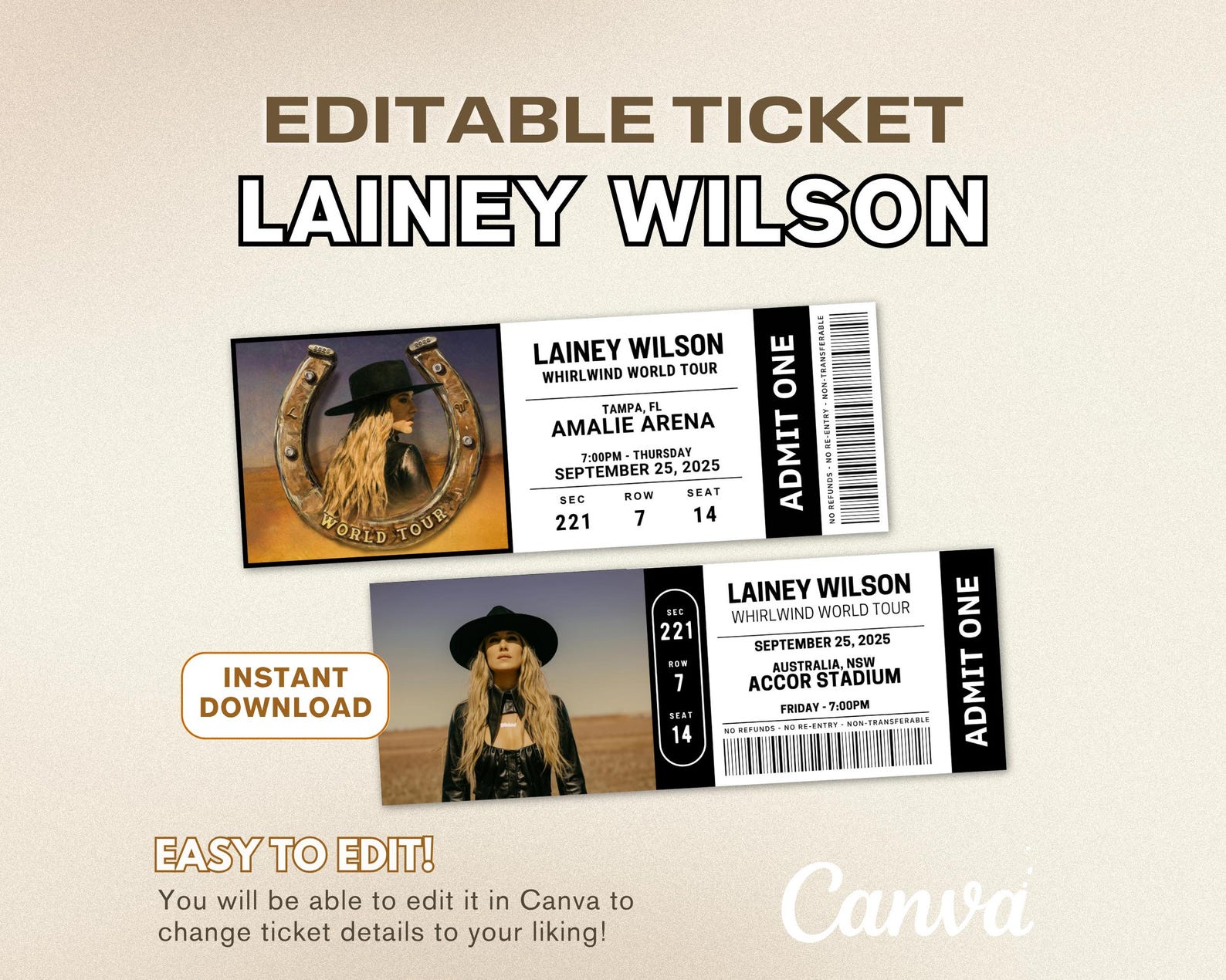 Lainey Wilson Editable Concert Ticket, Whirlwind Tour 2025, Memorabilia ...