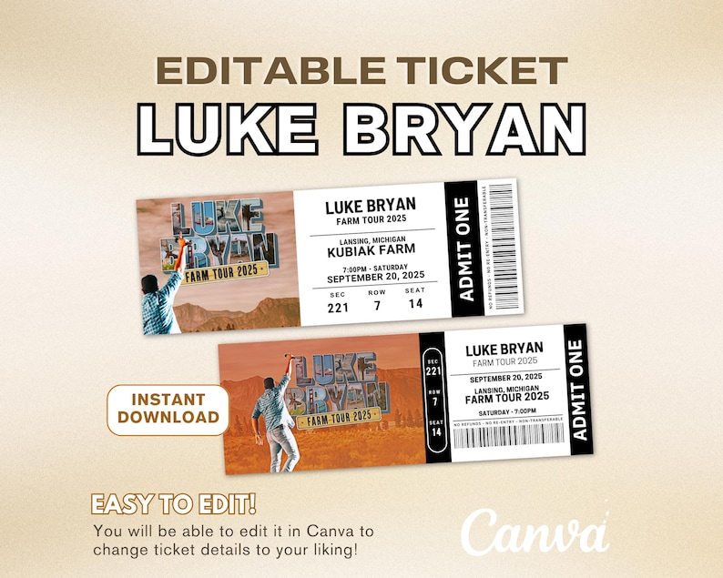 Editable Luke Bryan Ticket | Luke Bryan Tour Concert Event Tickets ...