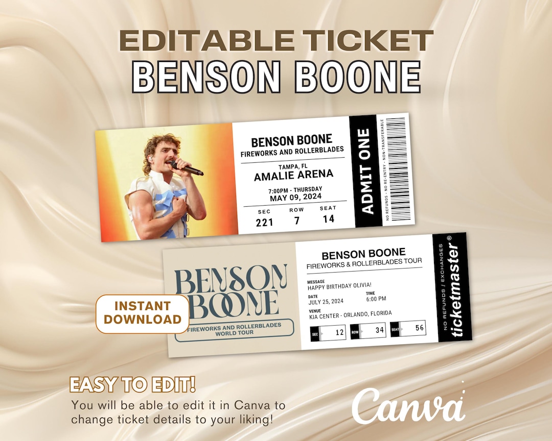 Editable Benson Ticket | Benson Boone Tour Concert Event Tickets | DIY ...